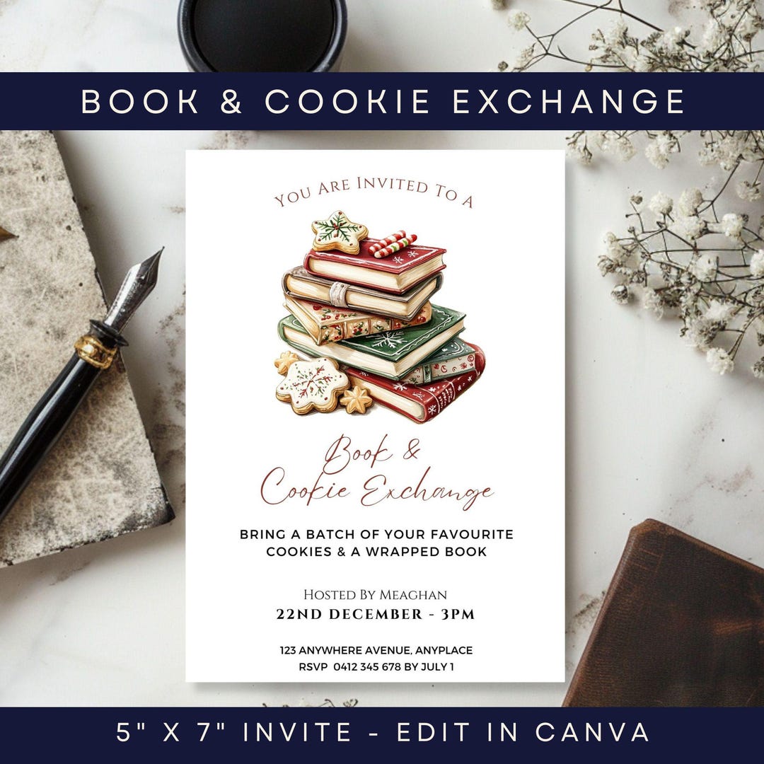 Book Swap Invite Invite, Holiday Cookie Exchange, Editable Book Club ...
