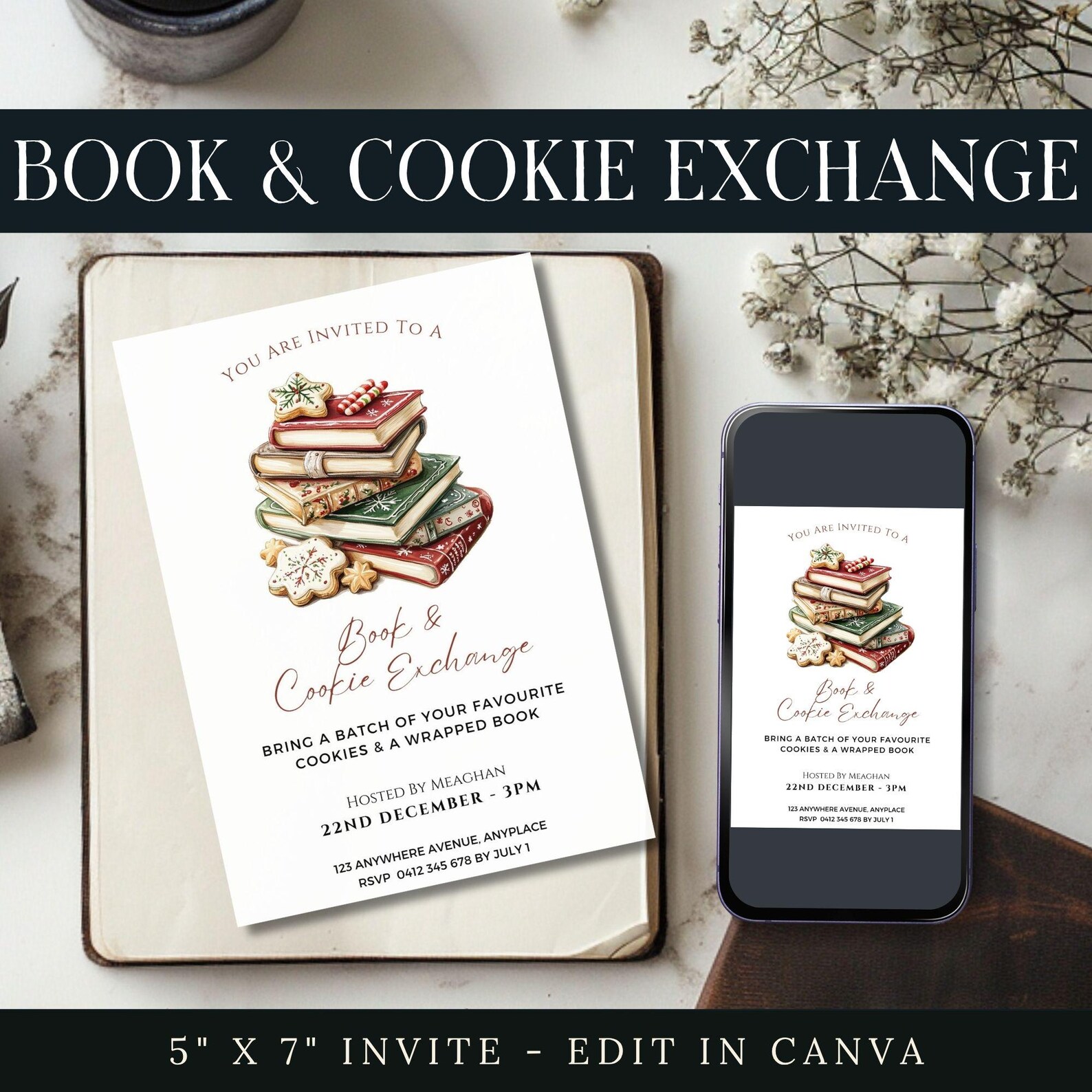 Book Swap Invite Invite, Holiday Cookie Exchange, Editable Book Club ...