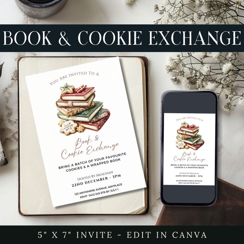Book Swap Invite Invite, Holiday Cookie Exchange, Editable Book Club ...