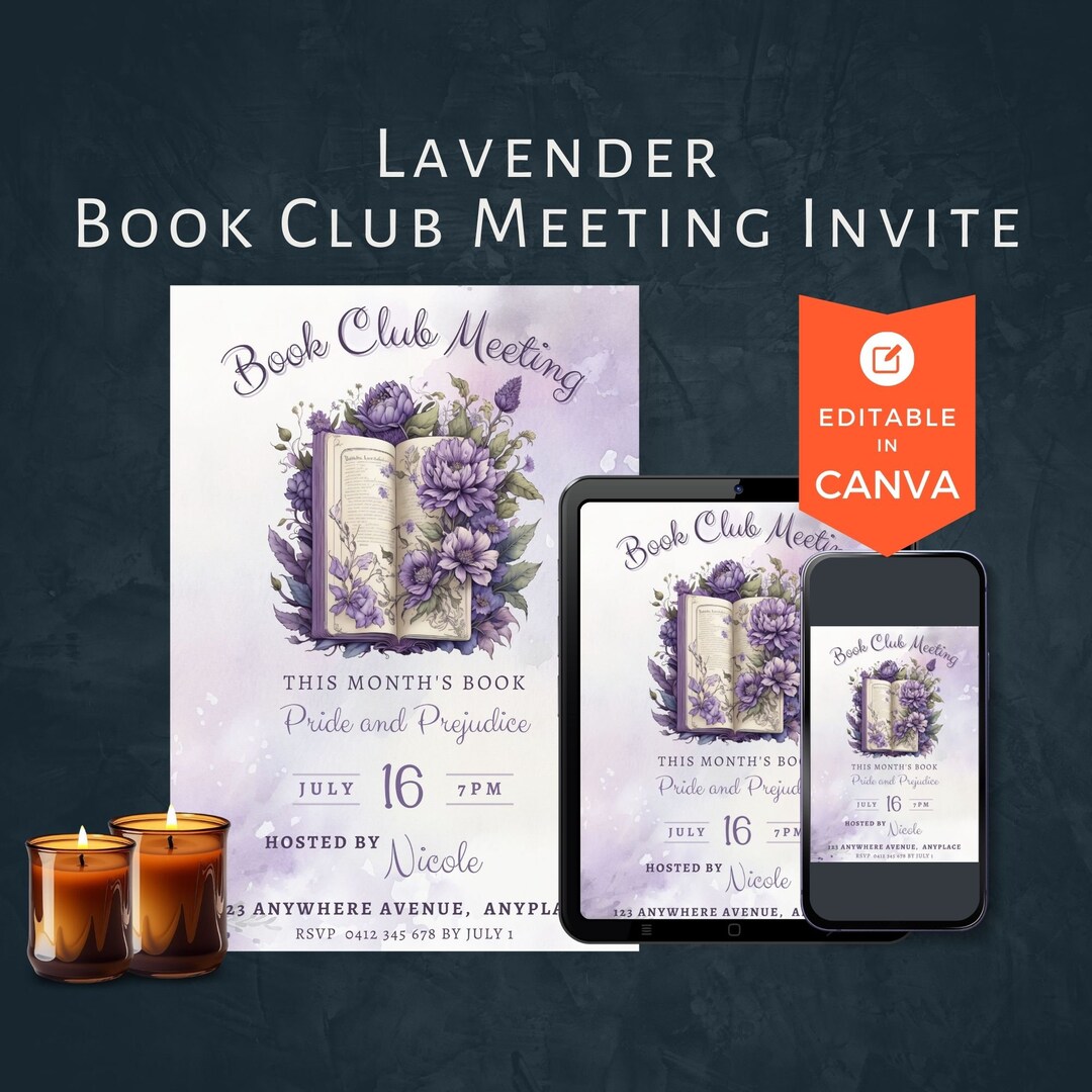 Lavender Book Club Meeting Invitation, CANVA TEMPLATE, Editable Book ...