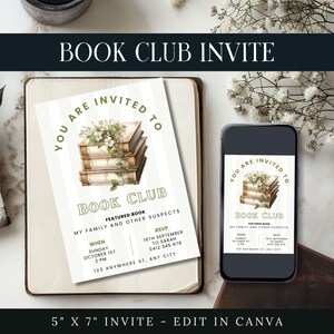 Book Club Invite Template, White Floral Books Party Digital Invite ...