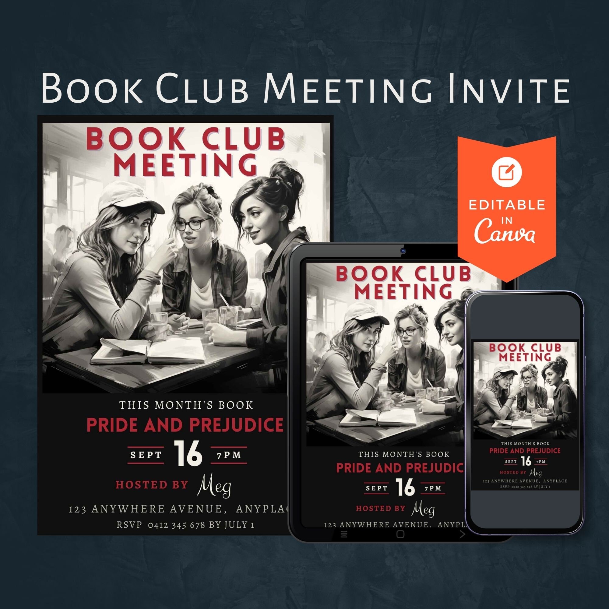 Book Club Invitation Template CANVA Editable Invite Digital - Etsy