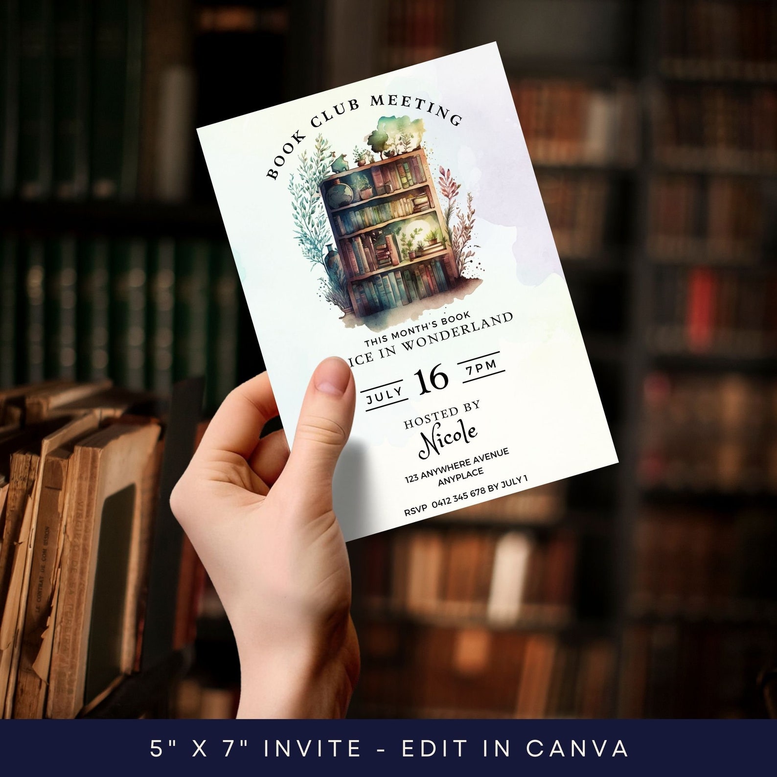 Book Club Meeting Invitation, CANVA TEMPLATE, Bookshelf Printable ...