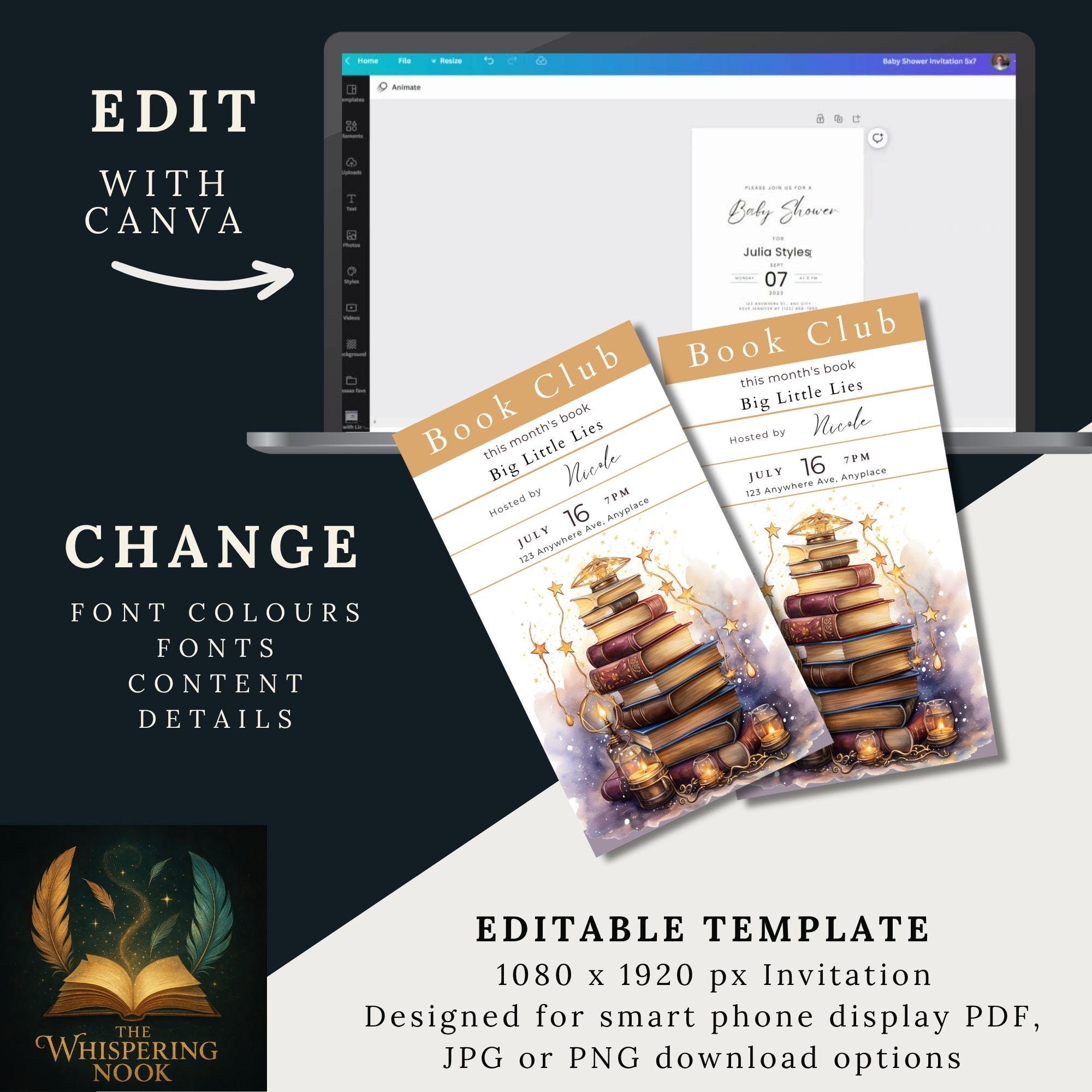 Book Club Digital Invitation Template, CANVA, Editable Invite for Text ...