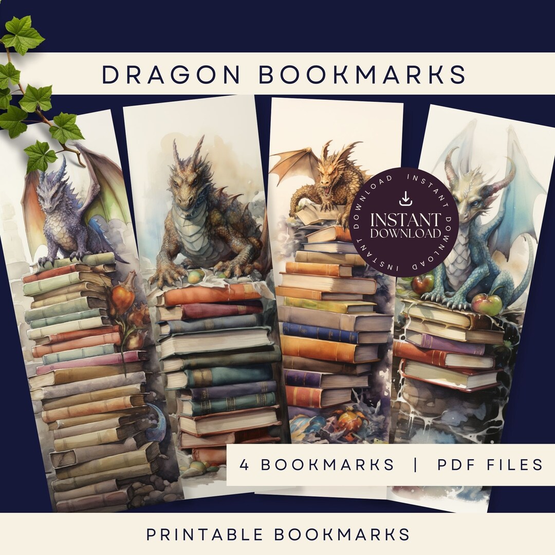Dragon Book Pile Bookmarks, INSTANT DOWNLOAD, Book Lovers Gift, Reading ...