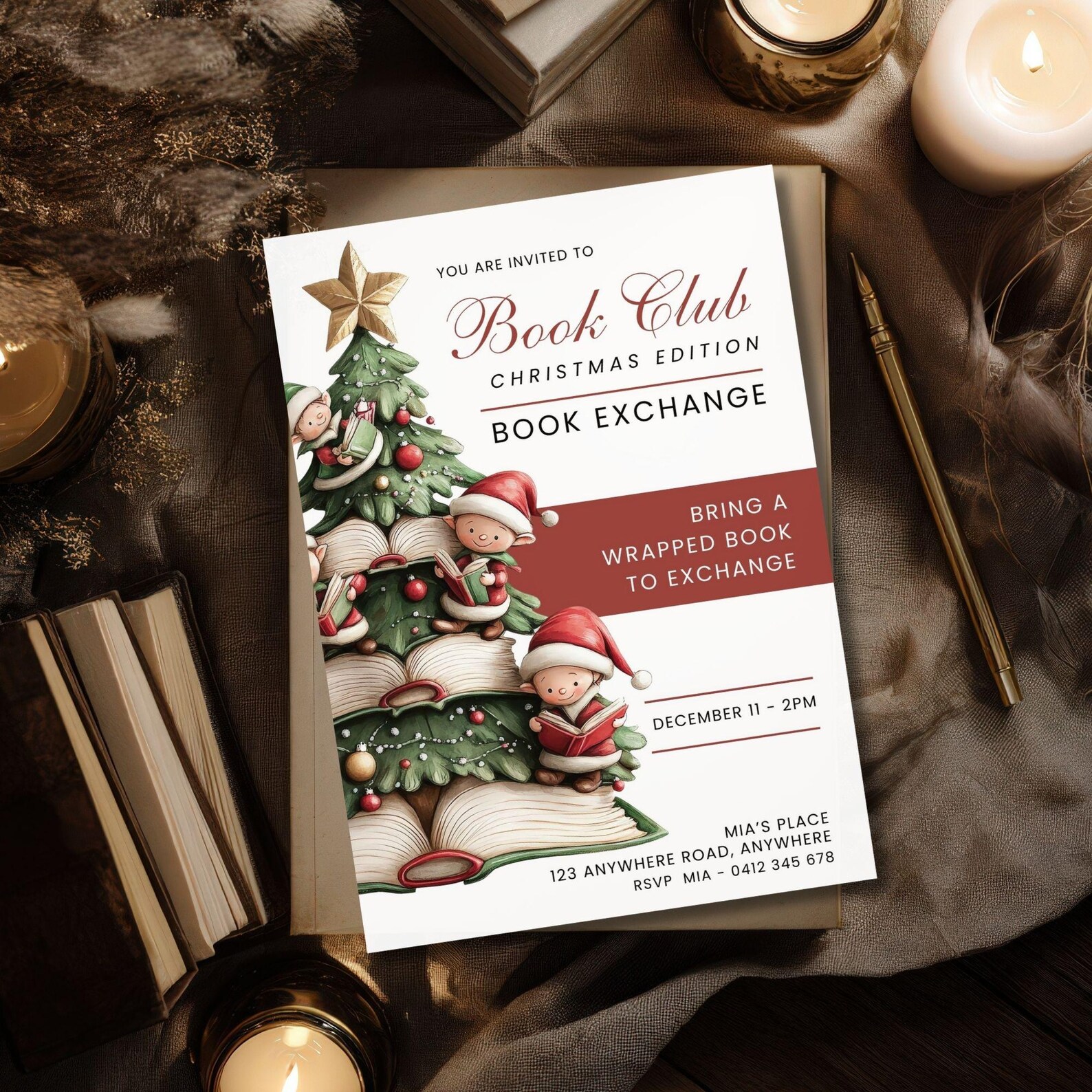 Book Swap Invite, CANVA TEMPLATE, Holiday Book Exchange, Editable Book ...