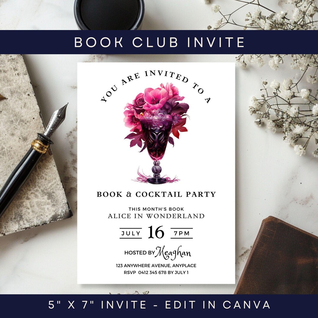 Book Club Invite Template, Books & Cocktails Party Digital Invite ...