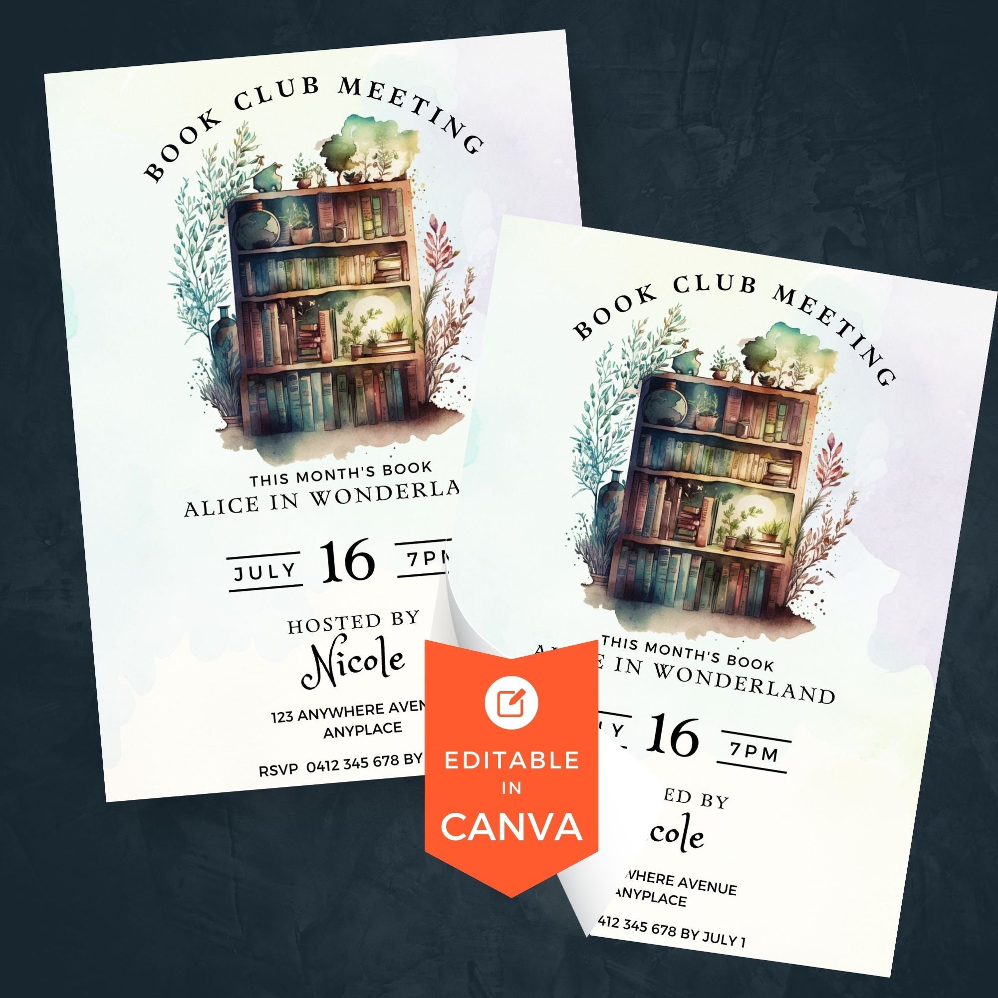 Book Club Meeting Invitation, CANVA TEMPLATE, Bookshelf Printable ...