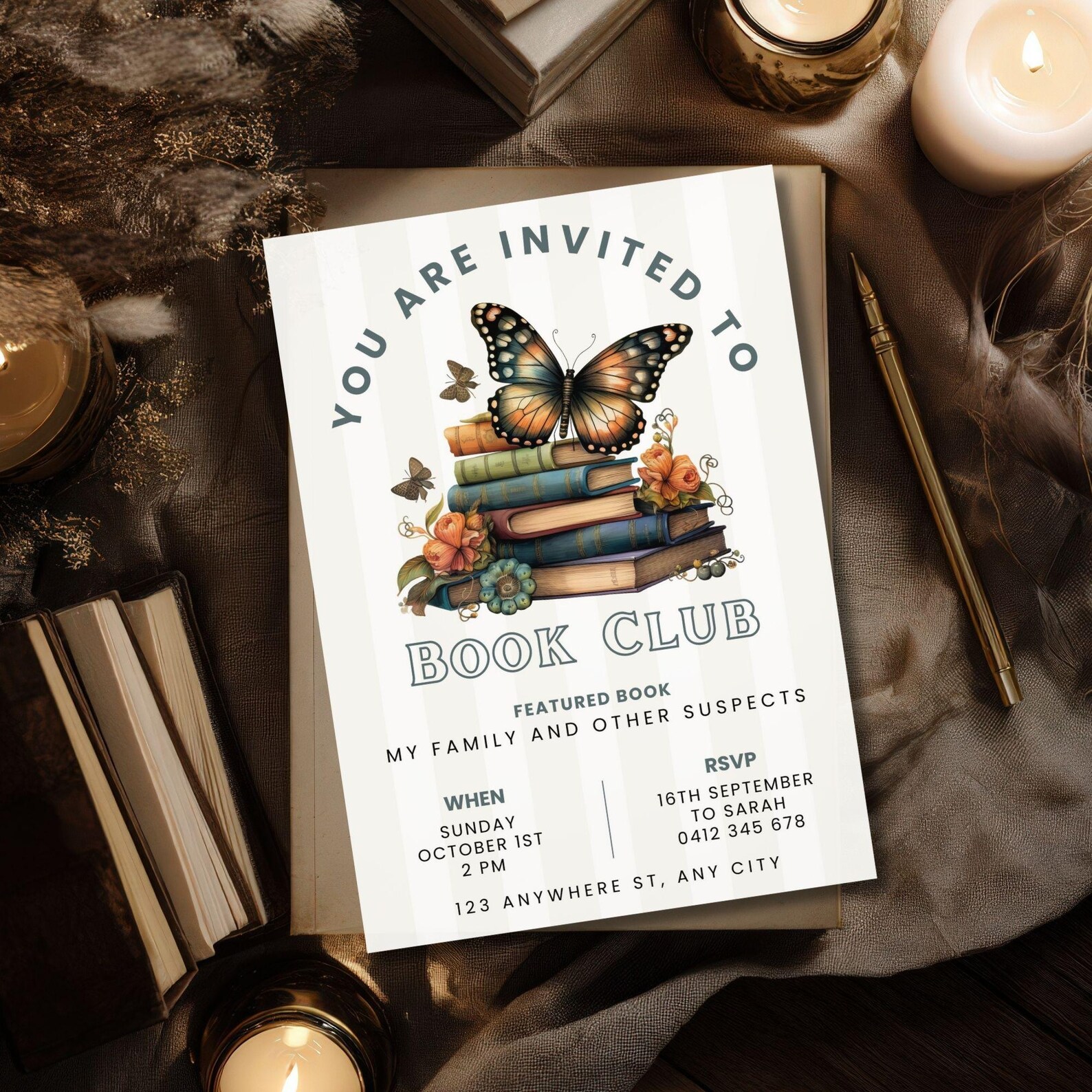 Book Club Invite Template, Bookpile Party Digital Invite, Butterfly ...