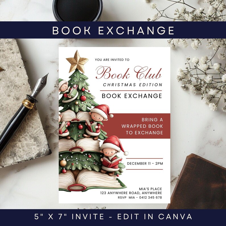 Book Swap Invite, CANVA TEMPLATE, Holiday Book Exchange, Editable Book ...