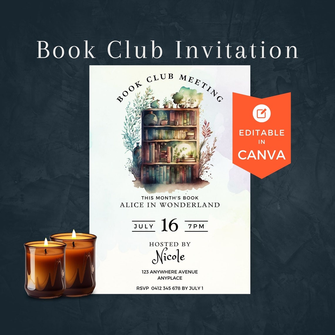 Book Club Meeting Invitation, CANVA TEMPLATE, Bookshelf Printable ...