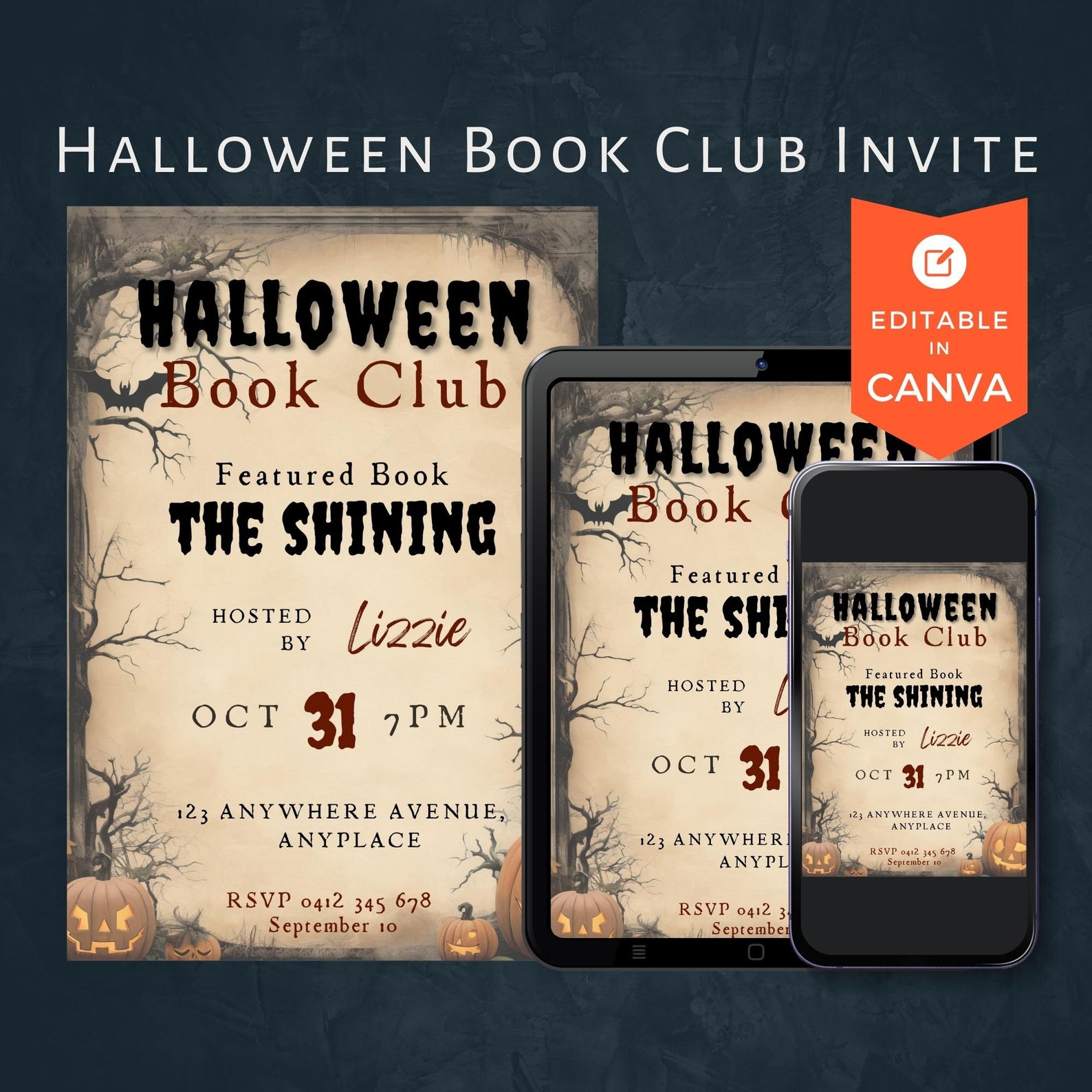 Halloween Book Club Invitation Template, CANVA, Editable Invite ...
