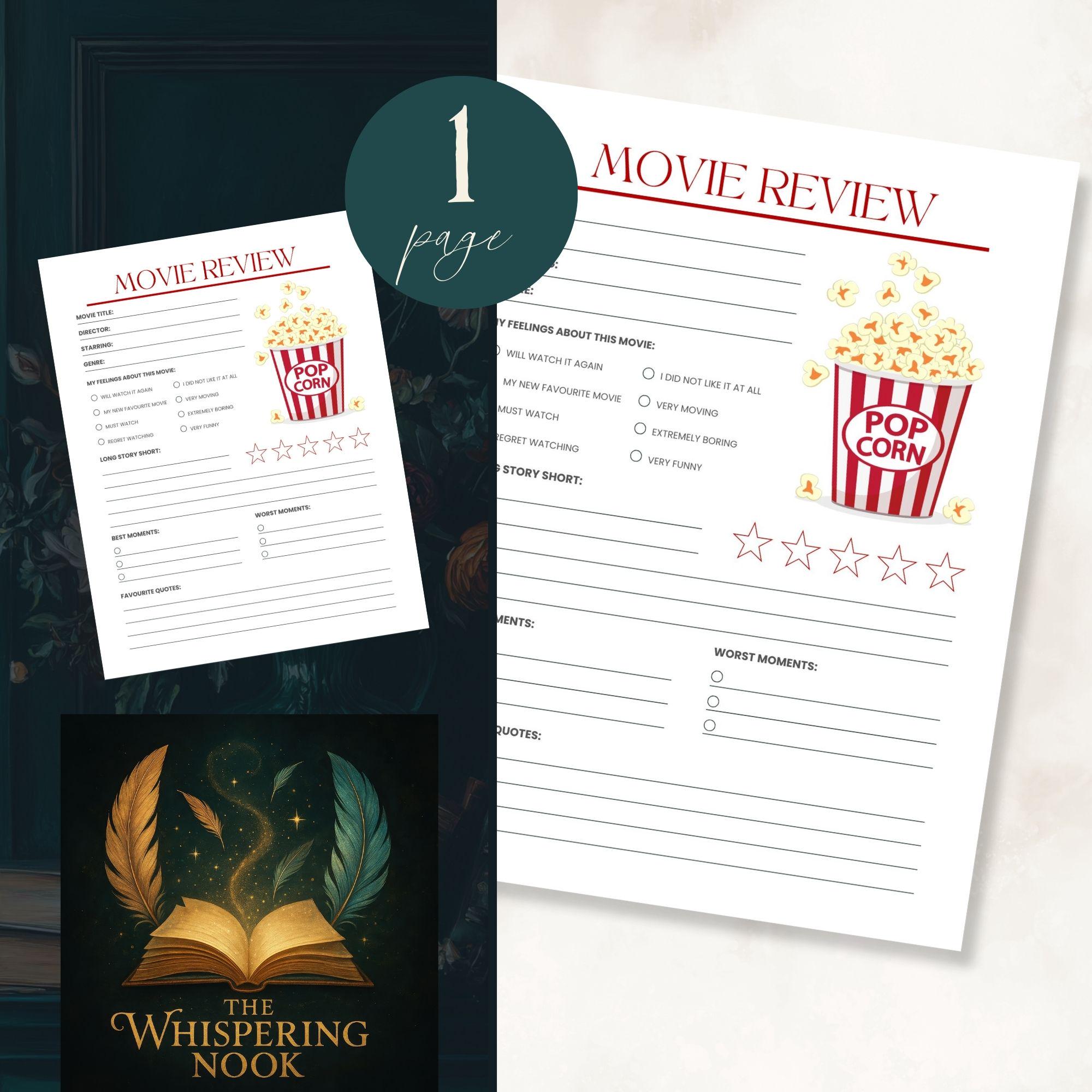 Movie Review Worksheet, Printable PDF, Film Journal Page, Movie Night ...