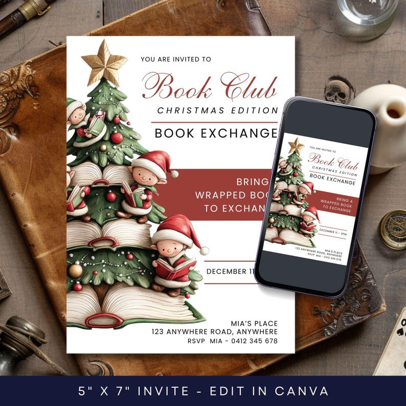 Book Swap Invite, CANVA TEMPLATE, Holiday Book Exchange, Editable Book ...
