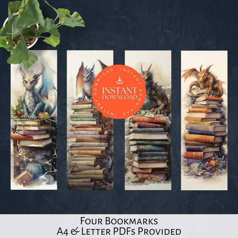 Dragon Book Pile Bookmarks, INSTANT DOWNLOAD, Book Lovers Gift, Reading ...