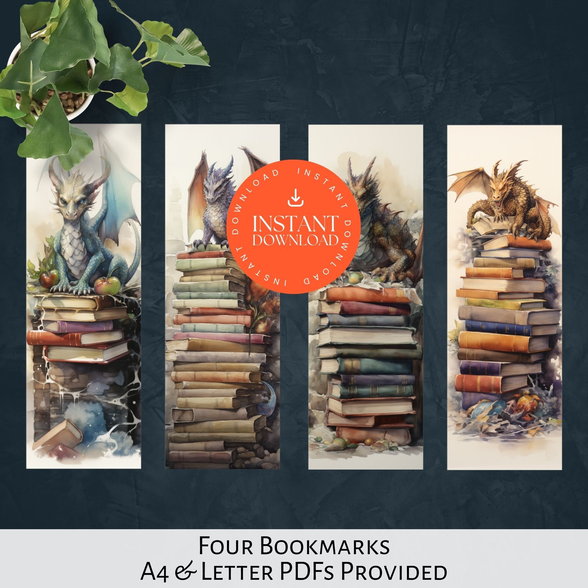 Dragon Book Pile Bookmarks, INSTANT DOWNLOAD, Book Lovers Gift, Reading ...