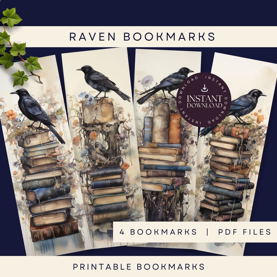 Raven Book Pile Bookmarks, INSTANT DOWNLOAD, Book Lovers Gift, Reading ...