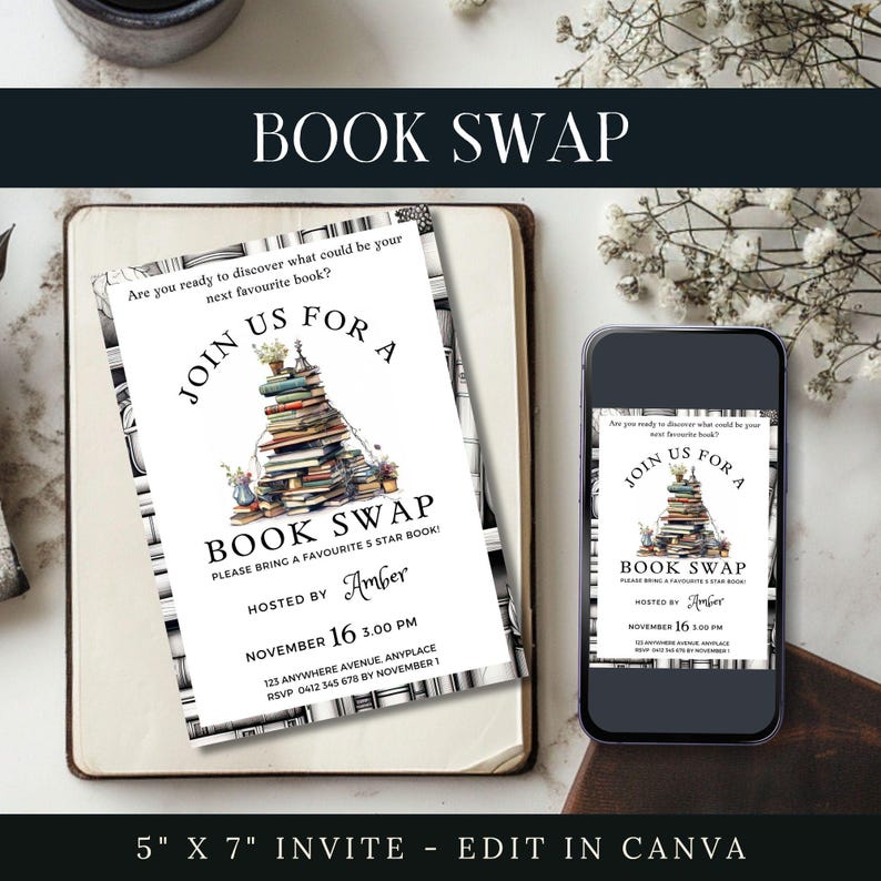 Book Swap Invitation, CANVA TEMPLATE, Book Club Themed Meeting ...