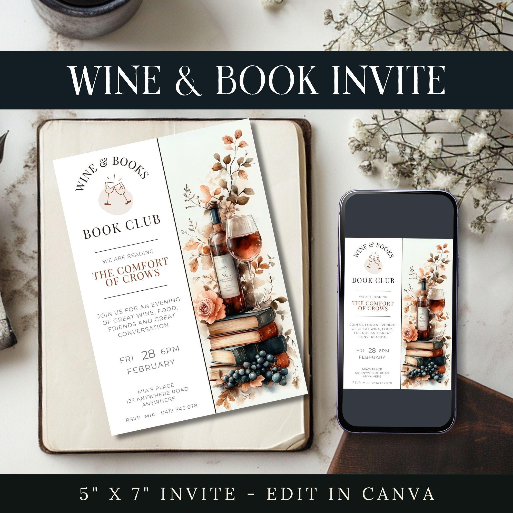 Wine & Book Club Invitation, CANVA TEMPLATE, Book Stack Reading ...