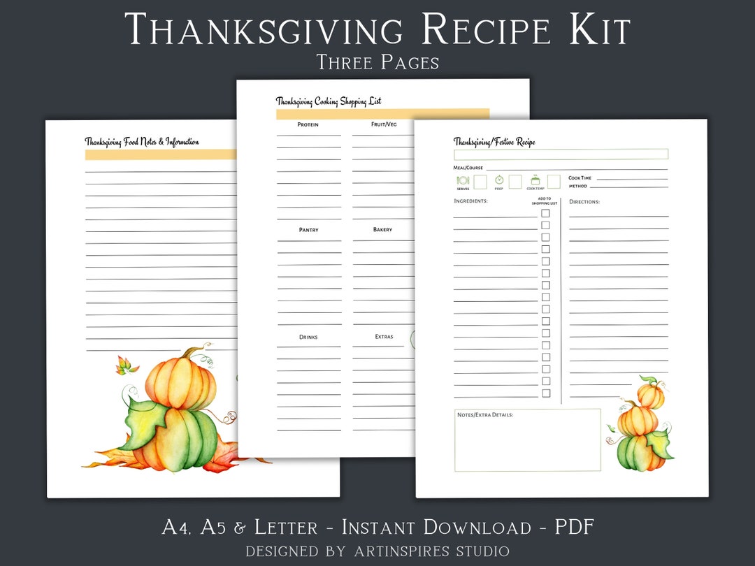 Thanksgiving Printable Recipe Kit, Thanksgiving Food Planner, Holiday ...