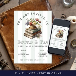 Book and Tea Invitation, CANVA TEMPLATE, Book Club Printable, Editable ...