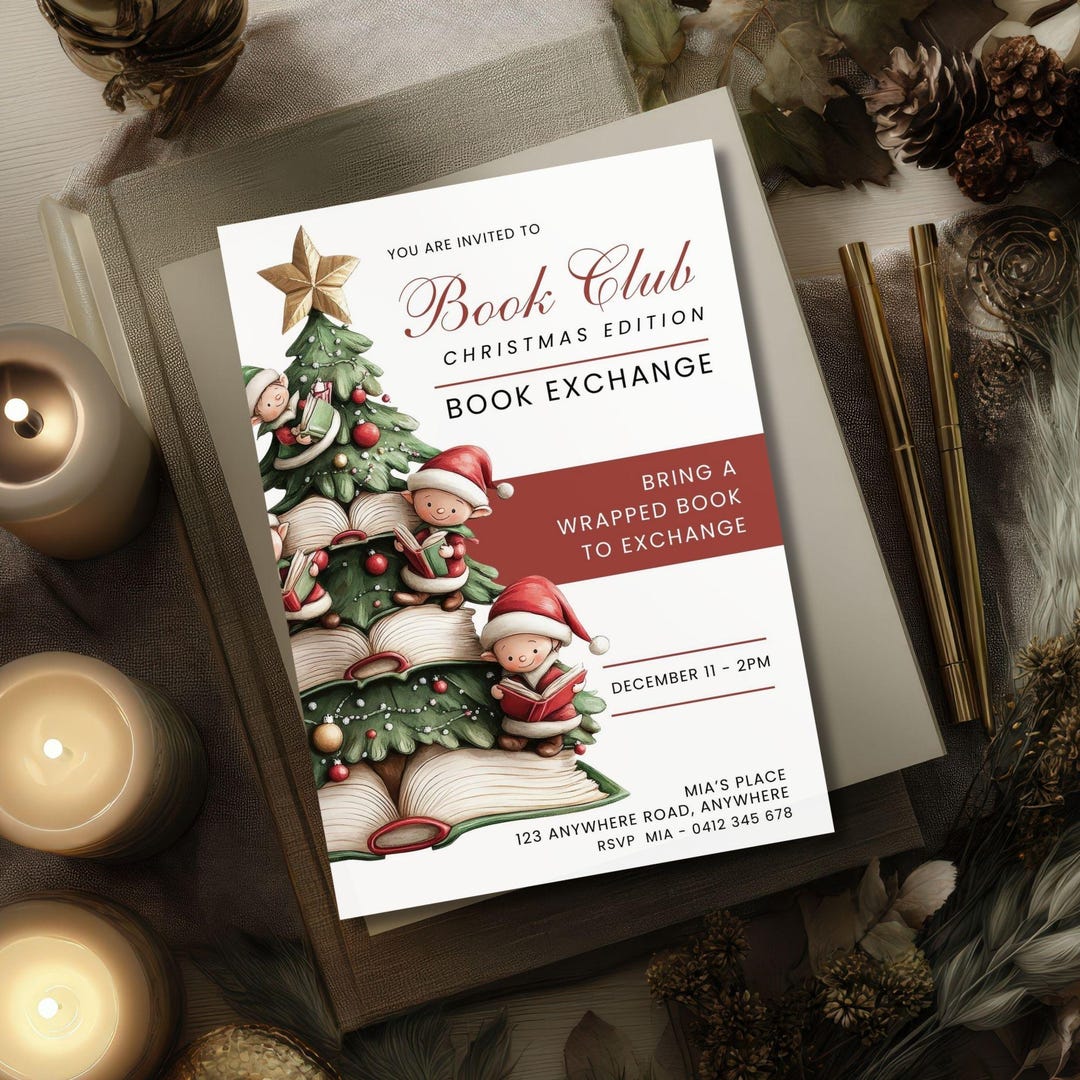 Book Swap Invite, CANVA TEMPLATE, Holiday Book Exchange, Editable Book ...