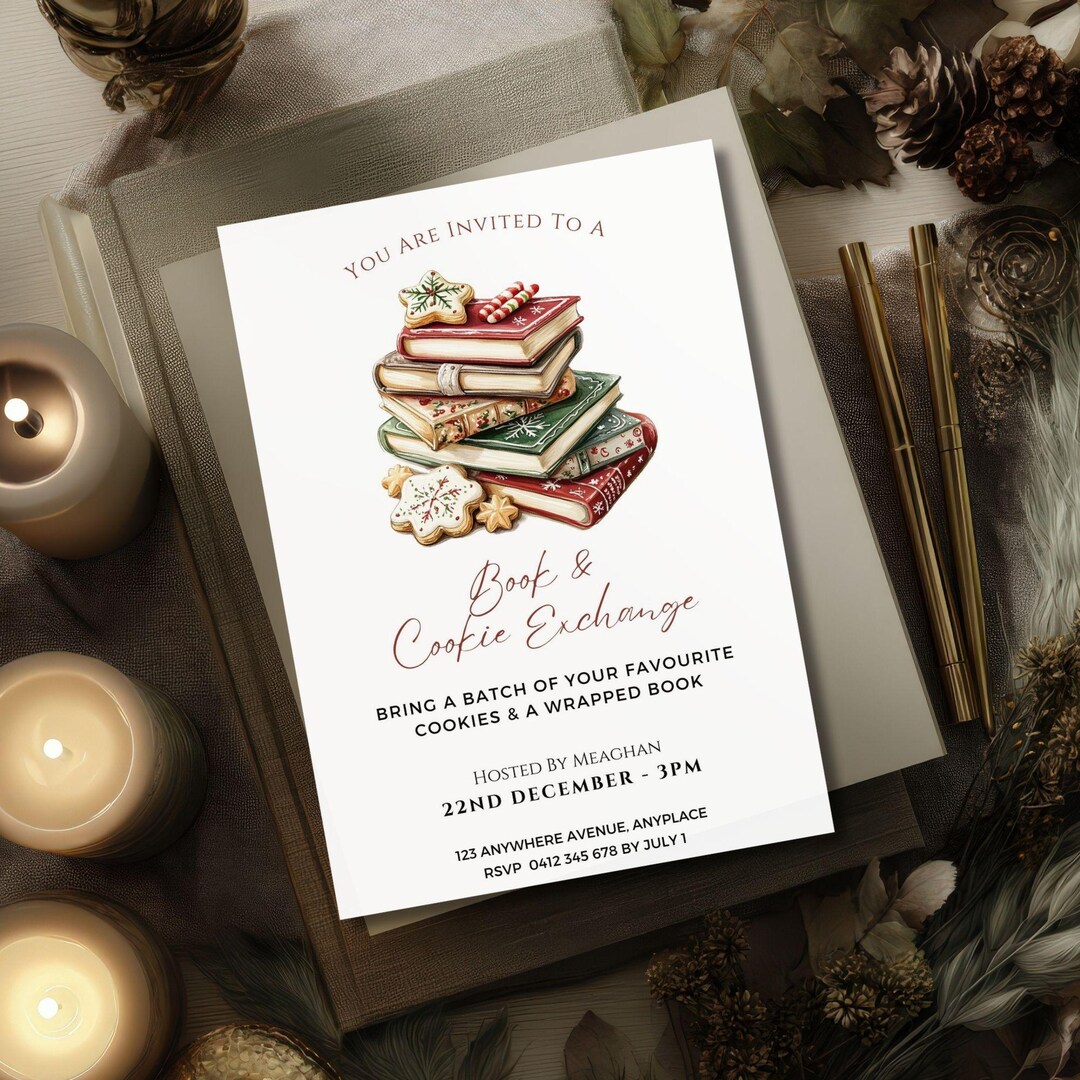 Book Swap Invite Invite, Holiday Cookie Exchange, Editable Book Club ...