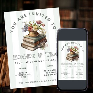 Book and Tea Invitation, CANVA TEMPLATE, Book Club Printable, Editable ...