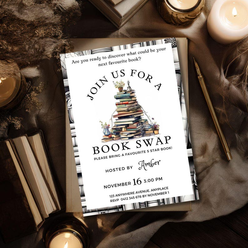 Book Swap Invitation, CANVA TEMPLATE, Book Club Themed Meeting ...