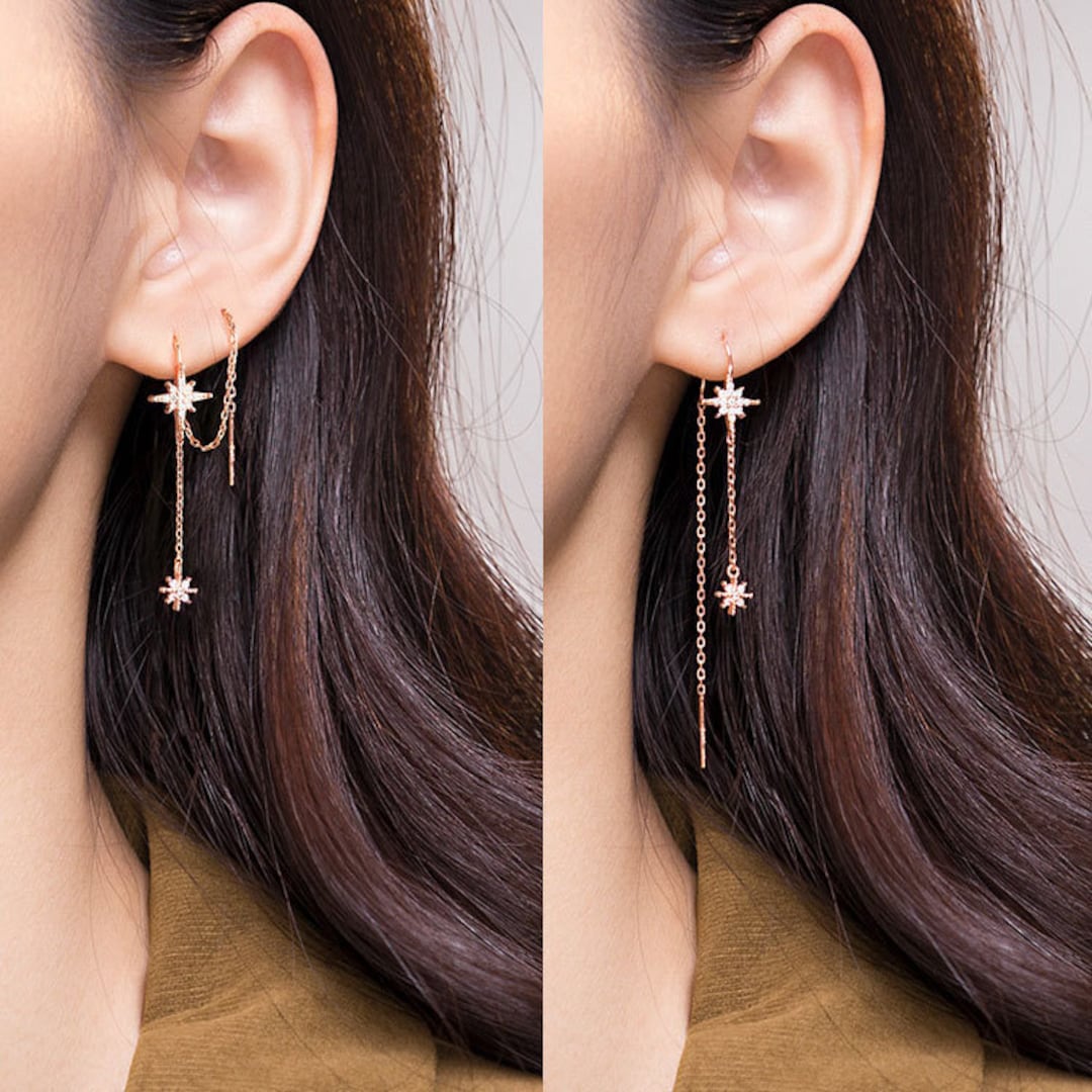 Sterling Silver Star Earrings, Gold Star Threader Earring, Chain ...
