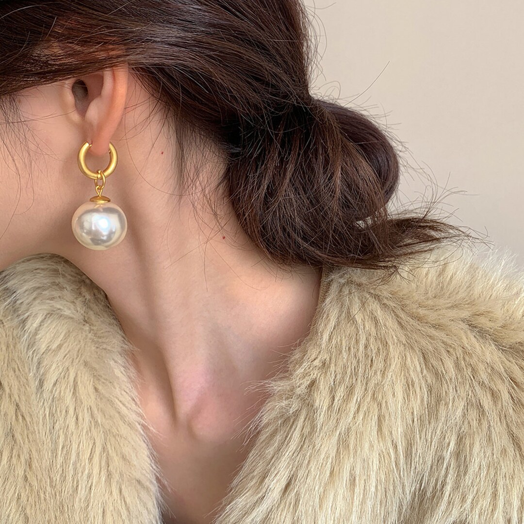 Big Pearl Gold Hoop Earrings, Modern Pearl Earrings, Bridal Party Pearl Hoops, Statement Pearl ...