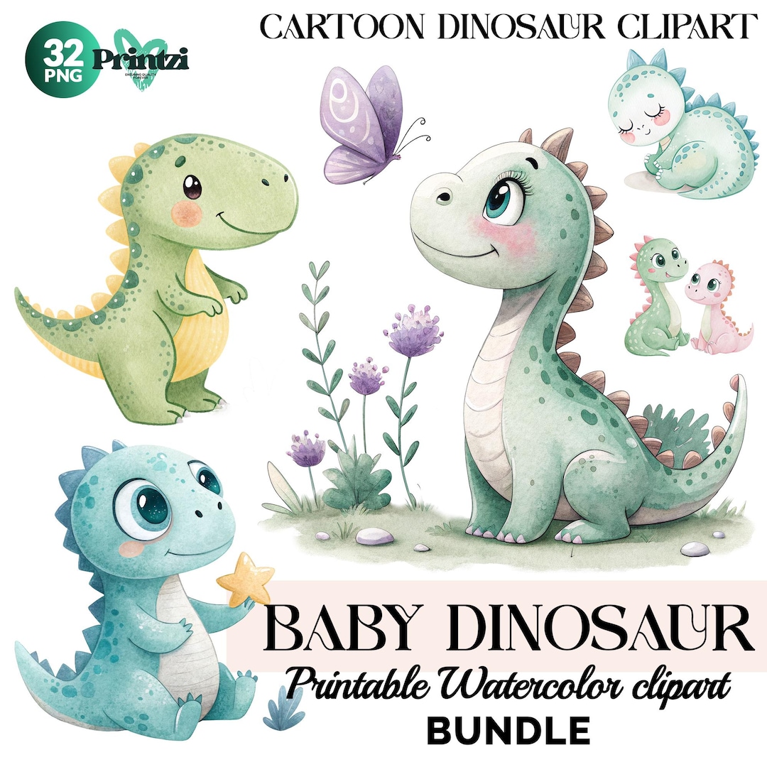 Baby Dinosaur Clipart Bundle: Watercolor Cartoon Dinos (digital ...