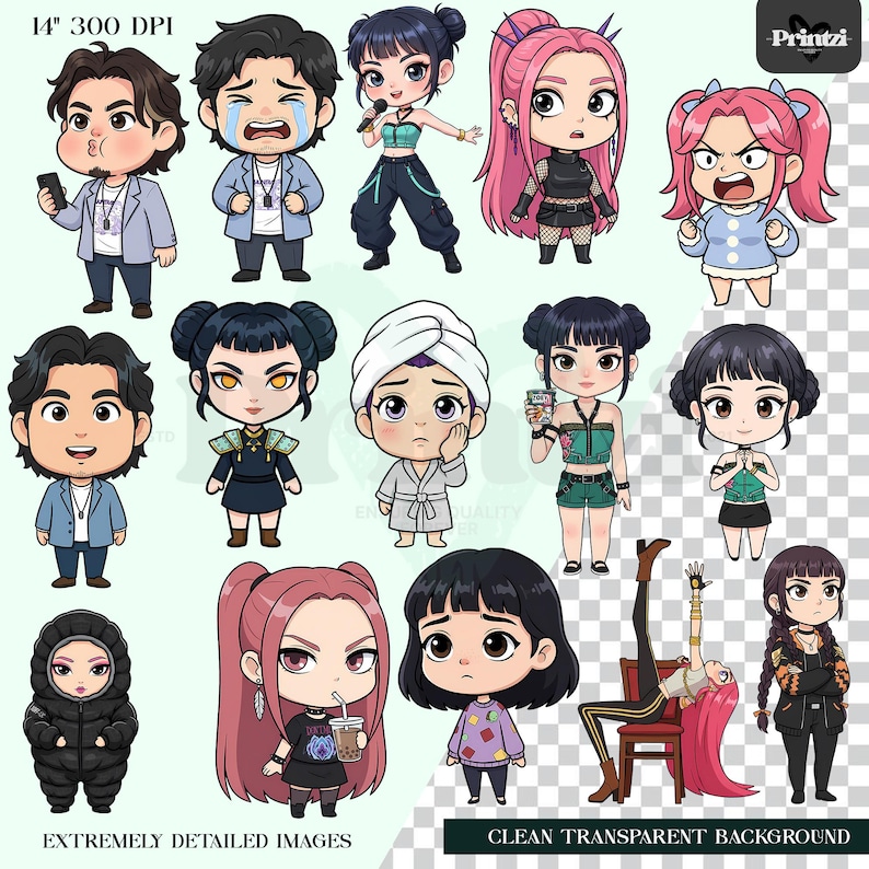 Kpop Demon Hunters Chibi Clipart Bundle | 82 Cute Kawaii Kpop PNG ...