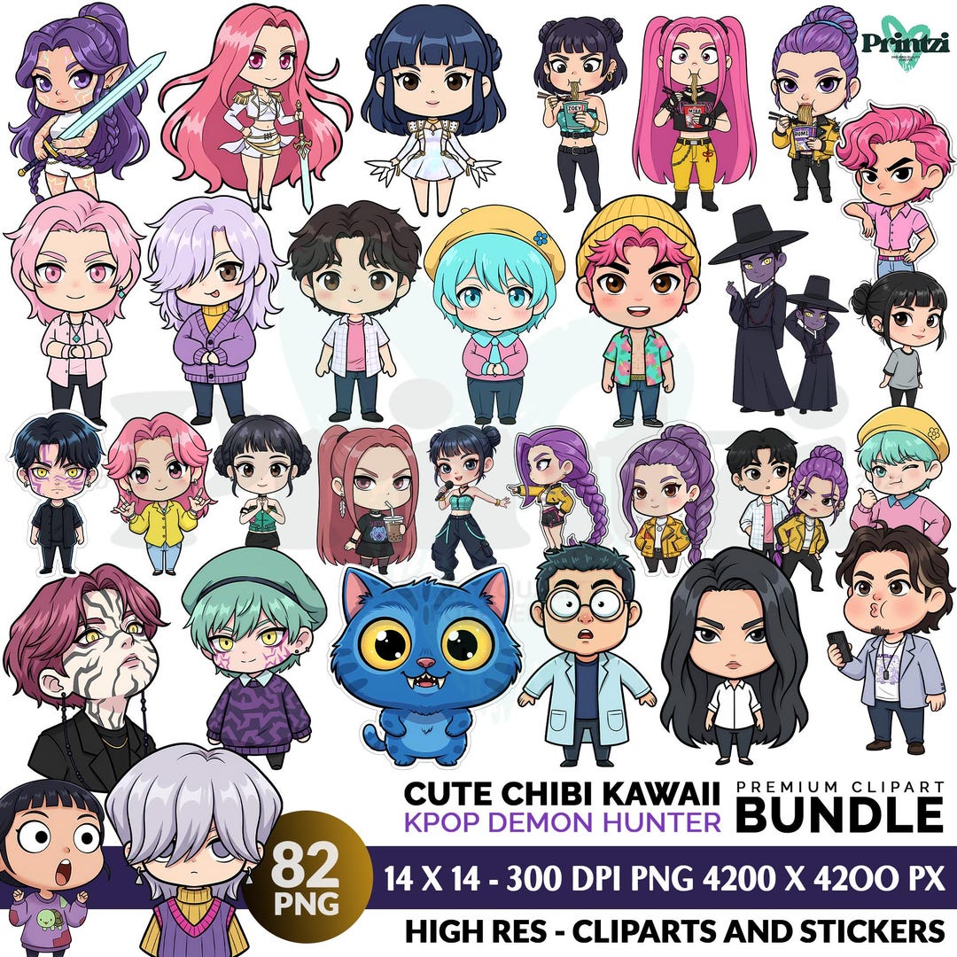 Chibi Kpop Demon Hunters Clipart Bundle | 82 Cute Kawaii Kpop PNG ...