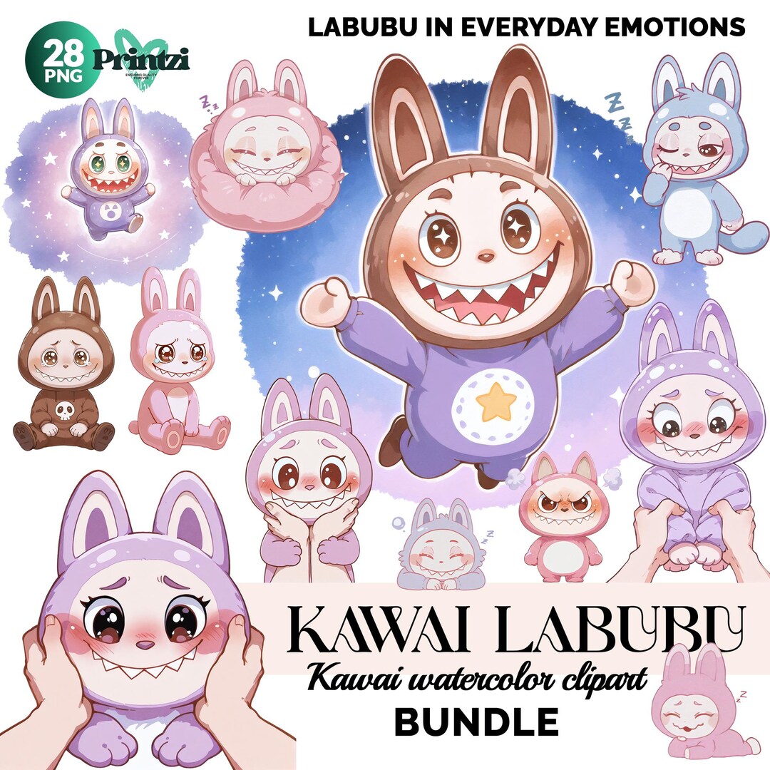 Labubu Watercolor Clipart Bundle | 28 PNG Kawaii Chibi Labubu Designs ...