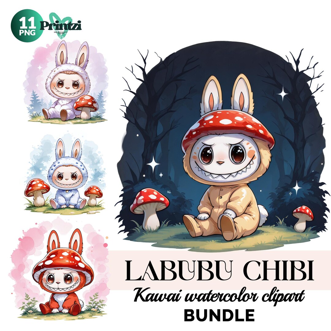 Labubu Watercolor Clipart Bundle | 11 PNG Kawaii Chibi Labubu Designs ...