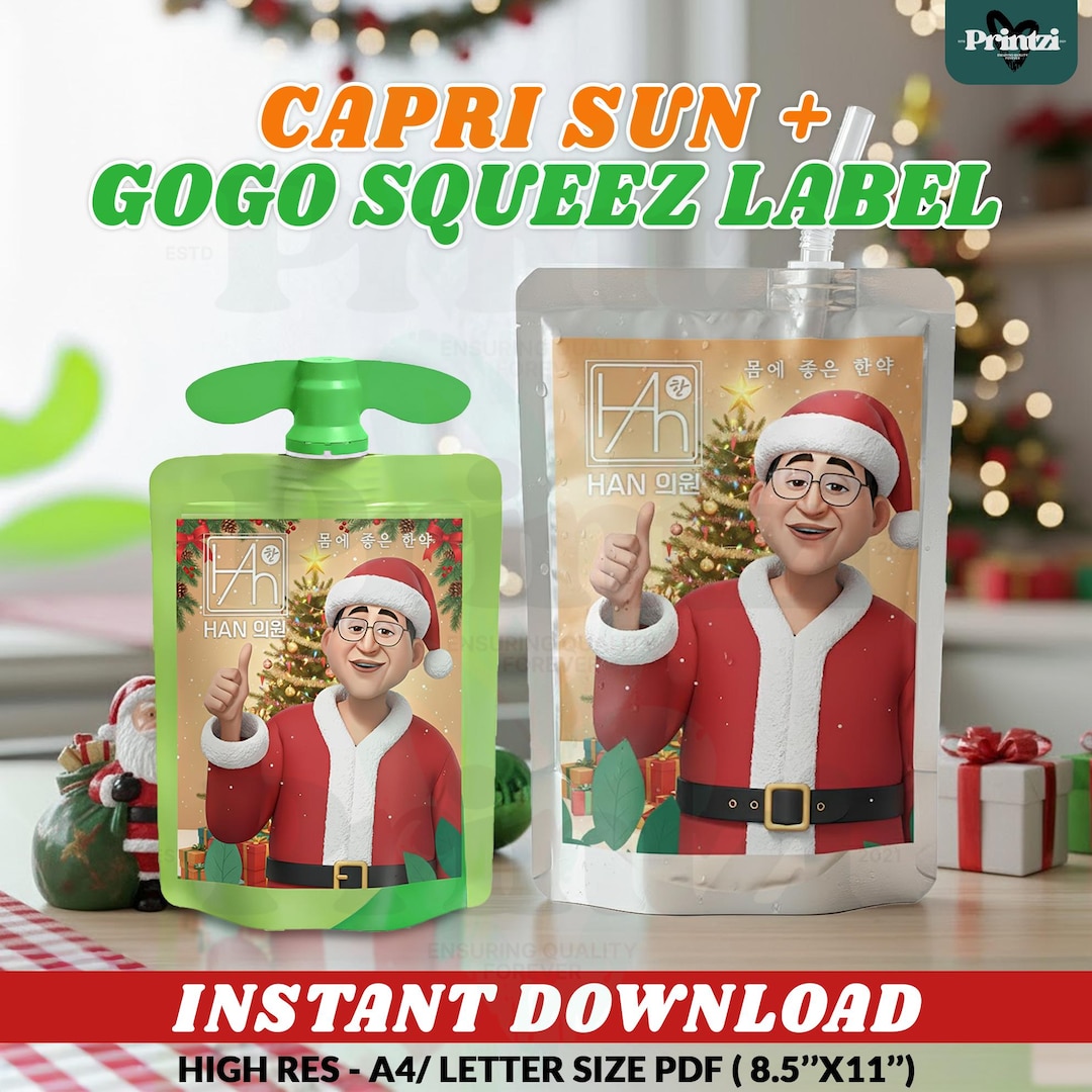 K-pop Demon Hunters Christmas Party Labels, Dr Han's Tonic Drink Wrapper, Capri Sun + Gogo ...