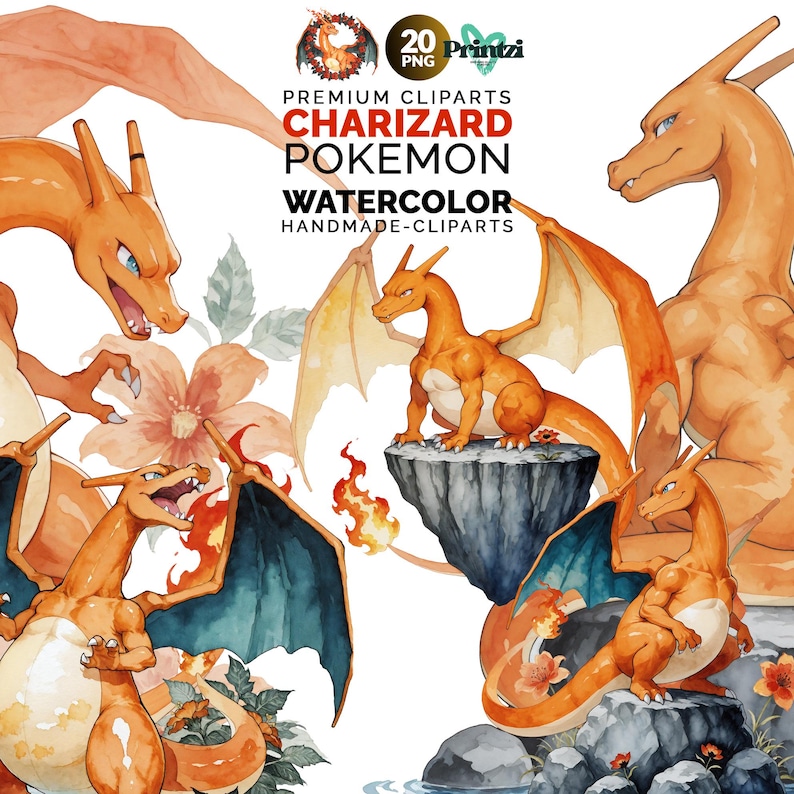 Watercolor Charizard Clipart Bundle, Pokemon Anime Fan Art (digital ...
