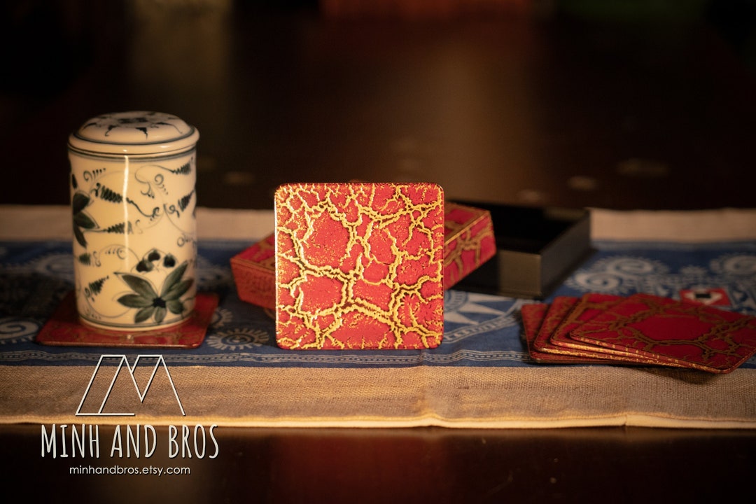 Square Lacquer Coaster Set, Son Mai Artwork Fortable Accent, Lacquer ...