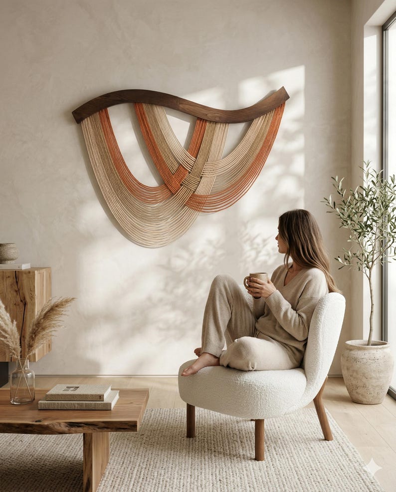 The Flow Wall Hanging, Scandinavian Wood Art and Interwoven Fiber Wall ...