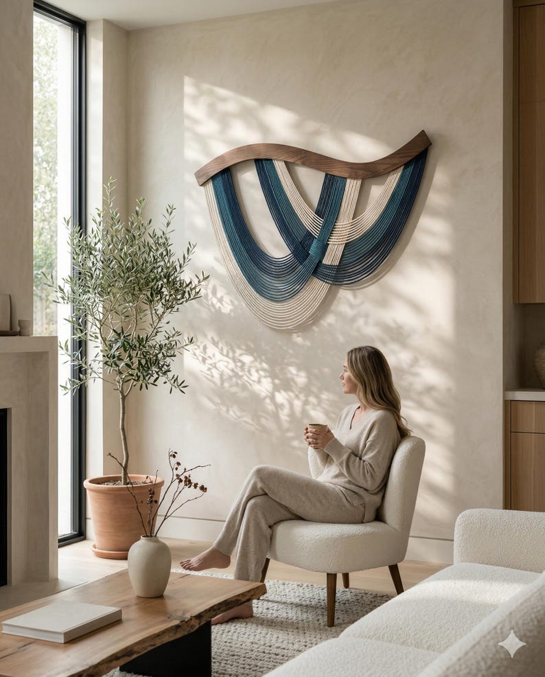 The Flow Wall Hanging, Scandinavian Wood Art and Interwoven Fiber Wall ...