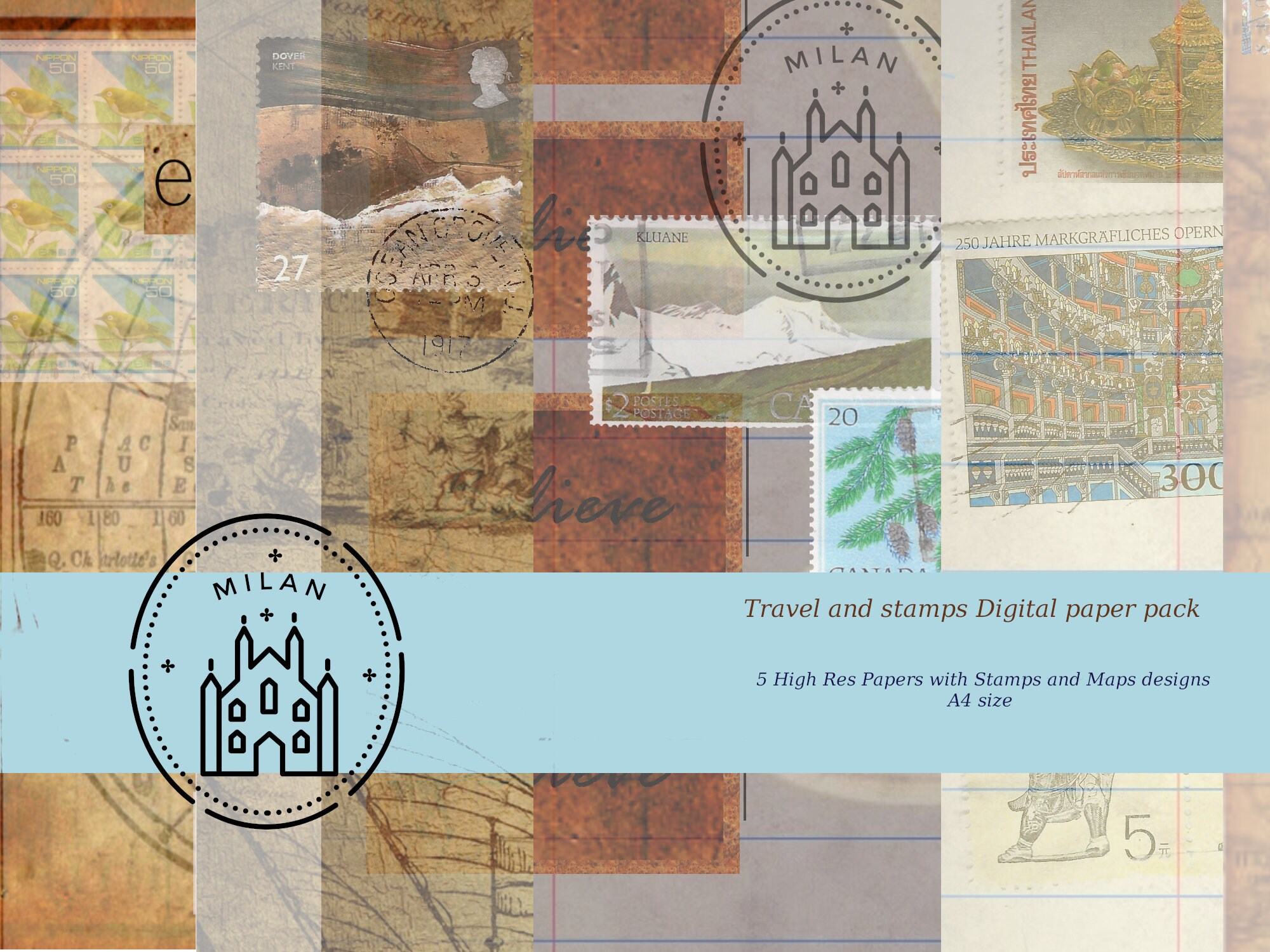 Stamps and Travel Digital Paper Kit Papers for Journals - Etsy