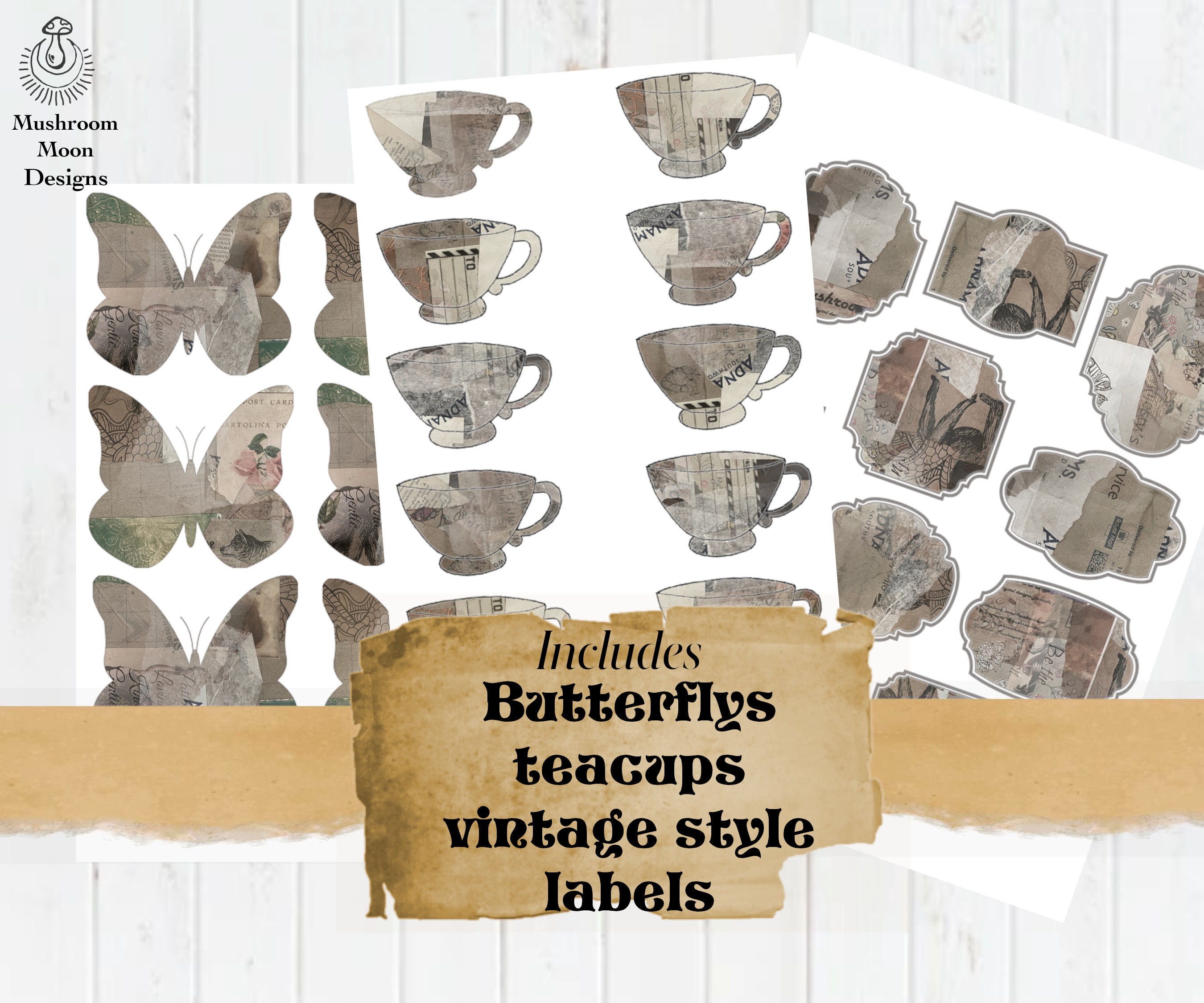Neutral Collage, Collage Paper Themed Digital Paper Kit With Fussy Cuts ...