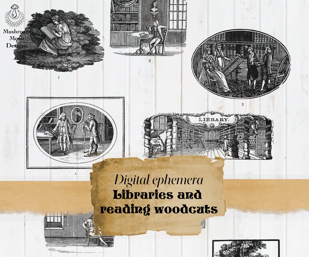 Vintage Library, Woodcut, Reading Themed Digital Ephemera Kit With ...
