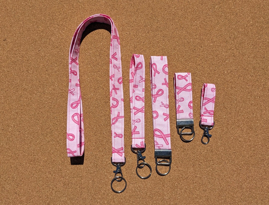 Breast Cancer Keychain Fabric Lanyard Wristlet Key Fob Pink Ribbon ...