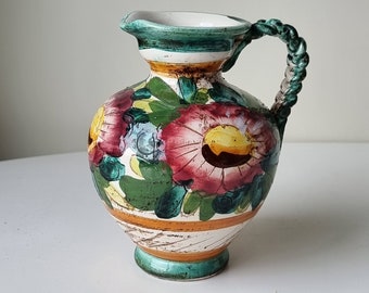 Large Italian Sgraffito Pottery Olive Oil Pitcher Hand Painted Folk Art ...