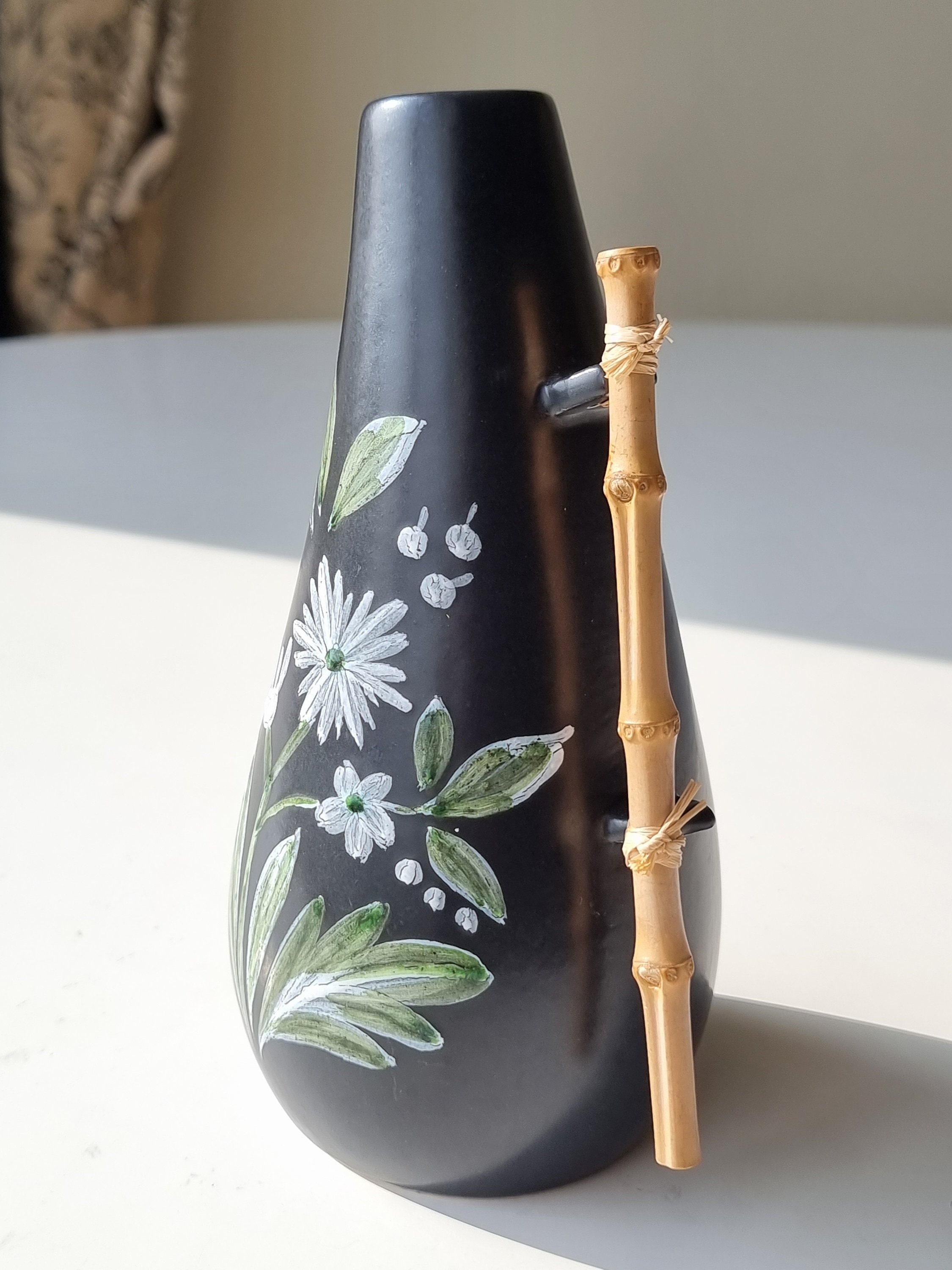 Vintage Ravnild Ceramic Vase With Bamboo Handle | Mid Century, Denmark ...