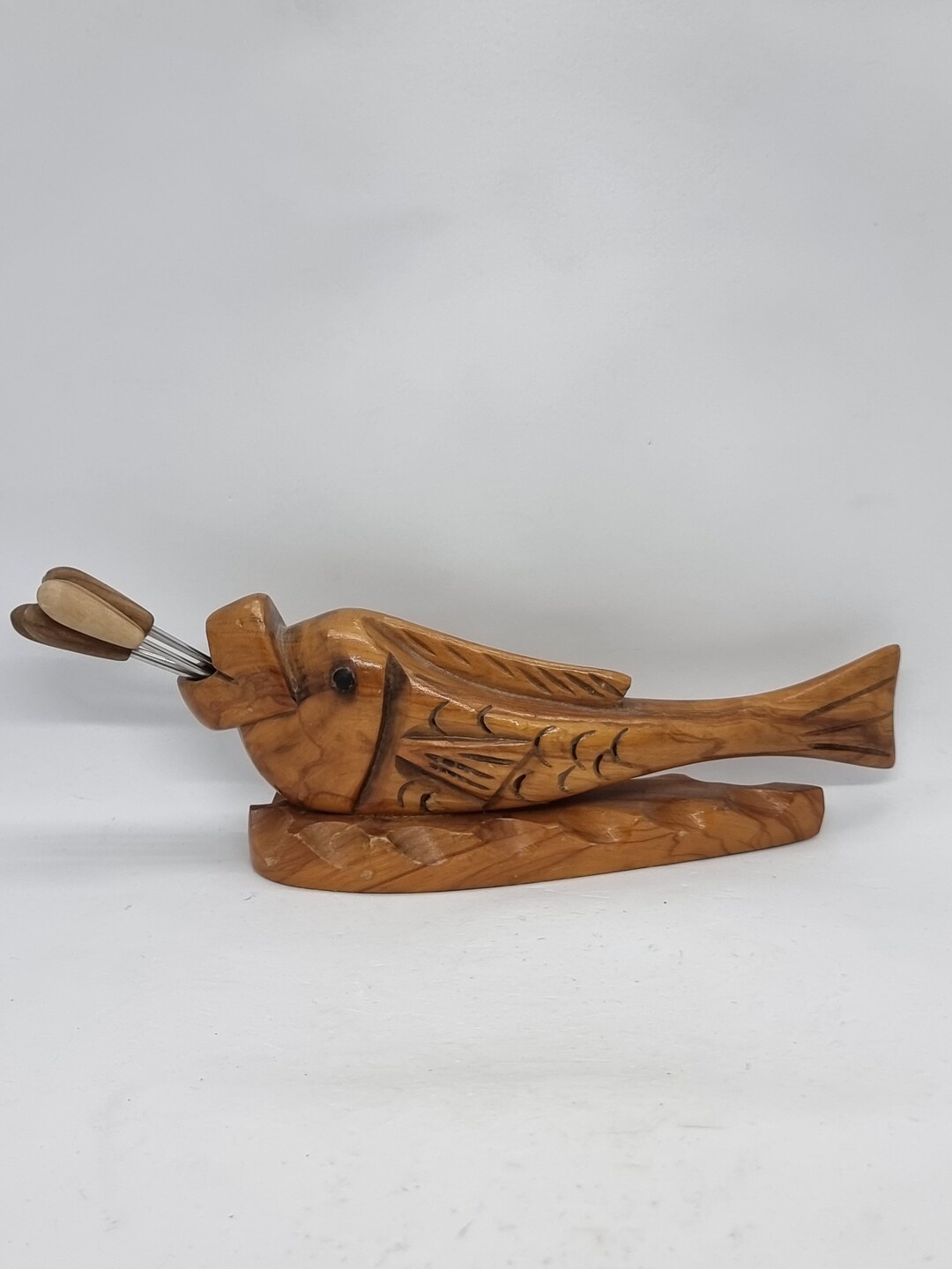 Mid-century Carved Wood Fish Holder & Appetizer / Cocktail Forks | Made ...