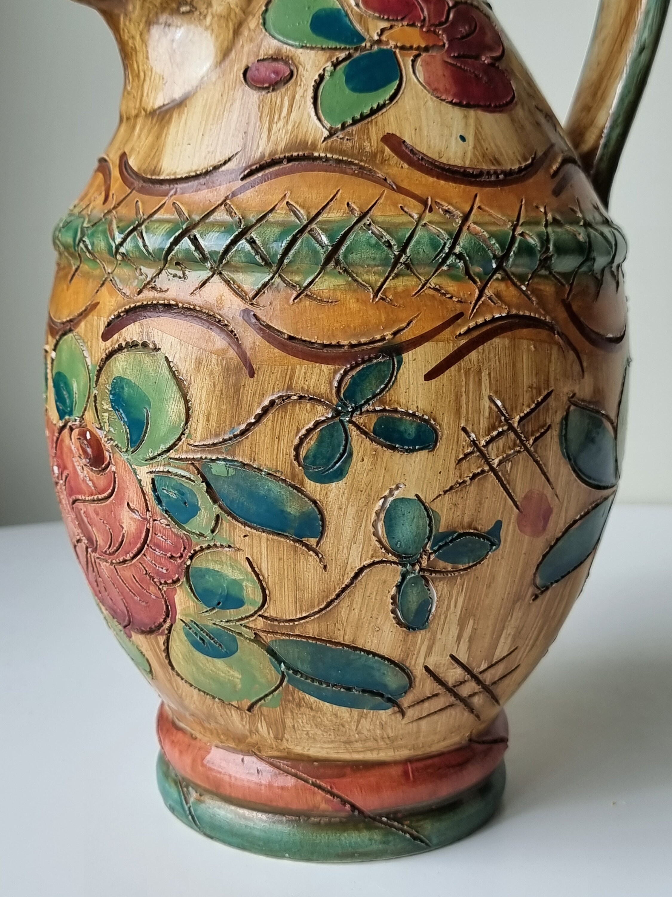 Large Italian Sgraffito Pottery Olive Oil Pitcher Hand Painted Folk Art ...