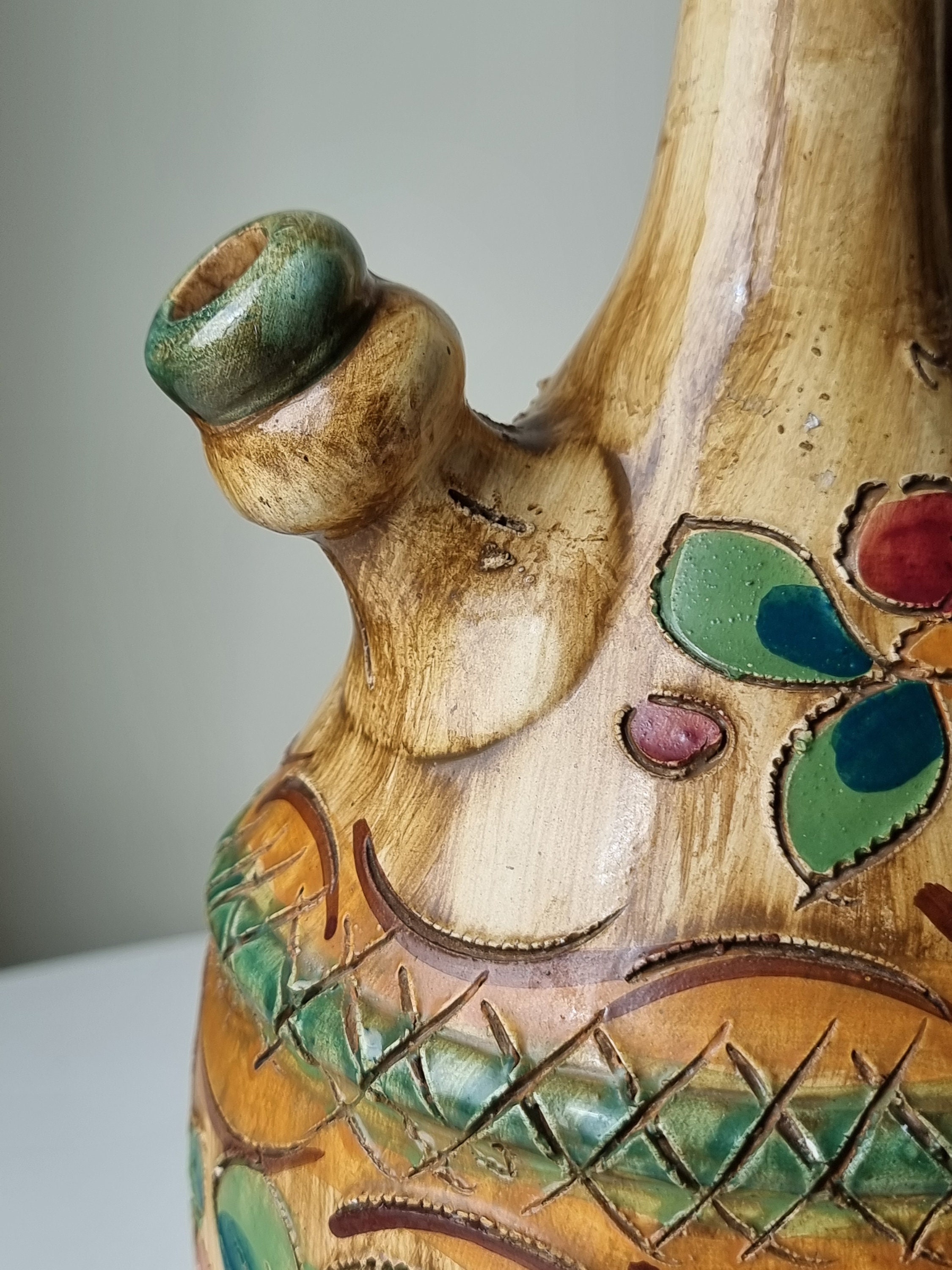 Large Italian Sgraffito Pottery Olive Oil Pitcher Hand Painted Folk Art ...